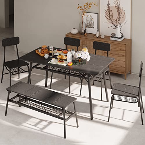 Gizoon 46'' Rectangular Dining Table Set for 6, 6-Piece Modern Dining Set for Home, Apt, 4 Chairs, Bench, Kitchen Dining Room Set w/Storage Rack for Family, Small Space, Saving Space-Black