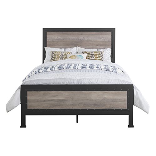 Walker Edison Rustic Farmhouse Wood and Metal Queen Metal Bed Headboard Footboard Bed Frame Bedroom, Queen, Grey Wash