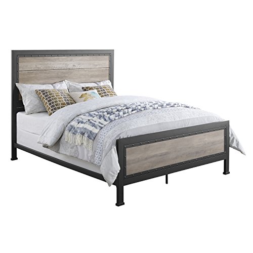 Walker Edison Rustic Farmhouse Wood and Metal Queen Metal Bed Headboard Footboard Bed Frame Bedroom, Queen, Grey Wash