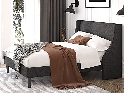 Einfach Queen Size Platform Bed Frame with Wingback Headboard / Fabric Upholstered Mattress Foundation with Wooden Slat Support, Dark Grey