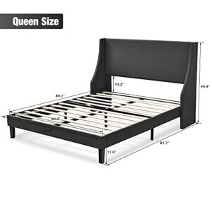 Einfach Queen Size Platform Bed Frame with Wingback Headboard / Fabric Upholstered Mattress Foundation with Wooden Slat Support, Dark Grey