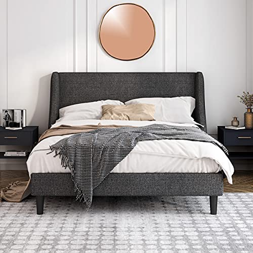 Einfach Queen Size Platform Bed Frame with Wingback Headboard / Fabric Upholstered Mattress Foundation with Wooden Slat Support, Dark Grey