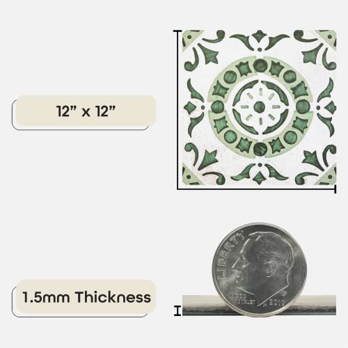 Retro Self Adhesive 12-Inch Vinyl Floor Tiles, 20 Tiles - 12" x 12", Green Medallion Pattern - Peel & Stick, DIY Flooring for Kitchen, Dining Room, Bedrooms & Bathrooms by Achim Home Decor