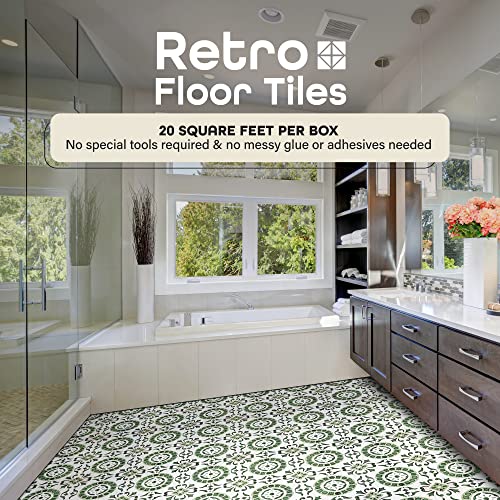 Retro Self Adhesive 12-Inch Vinyl Floor Tiles, 20 Tiles - 12" x 12", Green Medallion Pattern - Peel & Stick, DIY Flooring for Kitchen, Dining Room, Bedrooms & Bathrooms by Achim Home Decor