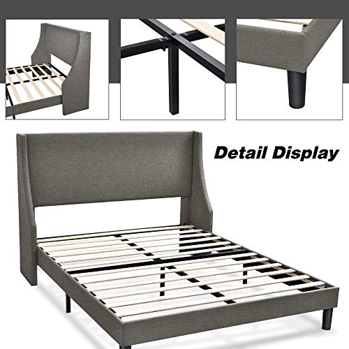 Hoomic Queen Size Bed Frame, Modern Fabric Upholstered Wingback Platform Bed with Headboard, Strong Wood Slats Support, Mattress Foundation, No Box Spring Needed, Easy Assembly, Light Grey