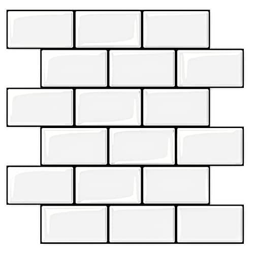 WOWSTAR Thicker Peel and Stick Tiles Backsplash, 12"x12" Subway Tiles, White with Black Grout ( 10-Sheet)