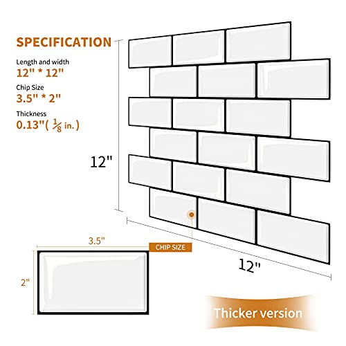 WOWSTAR Thicker Peel and Stick Tiles Backsplash, 12"x12" Subway Tiles, White with Black Grout ( 10-Sheet)