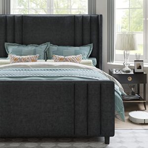 AMERLIFE King Size Bed Frame, Velvet Upholstered Platform Bed with Vertical Channel Tufted Headboard & Footboard/Wingback, Mattress Foundation with Wood Slats, No Box Spring Needed, Grey