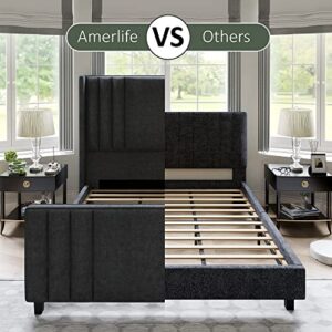 AMERLIFE King Size Bed Frame, Velvet Upholstered Platform Bed with Vertical Channel Tufted Headboard & Footboard/Wingback, Mattress Foundation with Wood Slats, No Box Spring Needed, Grey