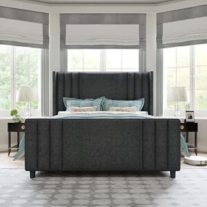 AMERLIFE King Size Bed Frame, Velvet Upholstered Platform Bed with Vertical Channel Tufted Headboard & Footboard/Wingback, Mattress Foundation with Wood Slats, No Box Spring Needed, Grey