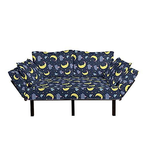 Lunarable Sky Futon Couch, Night Theme with Crescent Moon Sleepy Clouds and Stars Bedtime Bird Characters, Daybed with Metal Frame Upholstered Sofa for Living Dorm, Loveseat, Multicolor