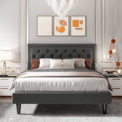 Einfach Queen Size Modern Deluxe Platform Bed Frame Button Tufted Fabric Upholstered Bed Frame with Adjustable Headboard/Strong Wood Slats Support/Mattress Foundation/Easy Assembly, Dark Grey