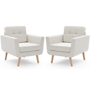 tbfit linen fabric accent chairs set of 2, mid century modern armchair for living room, bedroom button tufted upholstered comfy reading accent chair sofa(white beige)