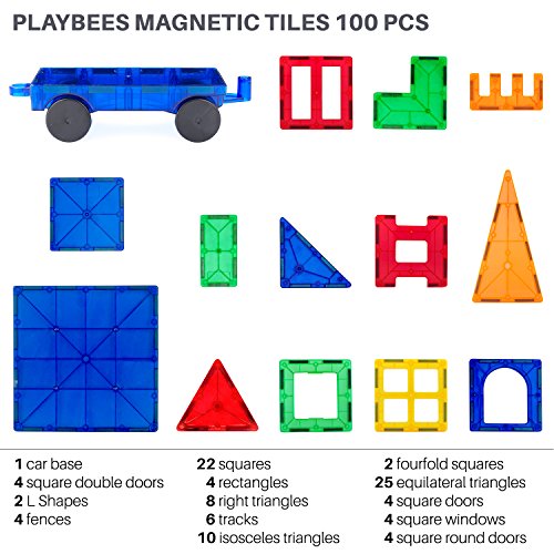 Playbees 100 Piece Magnetic Building Tiles Set, Clear Vivid Colors and Shapes, 3D Magnet Building Blocks for Kids, Toddlers, Stem Educational Learning Development Toy, Creativity Beyond Imagination