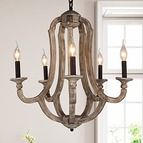 DOCHEER Farmhouse Vintage 5-Light Wood Chandeliers, Rustic Kitchen Wooden Chandelier Foyer Lighting for Dining Room, Living Room, Island, Bedrooms, Hallway,Entryway