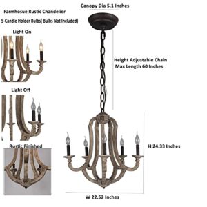 DOCHEER Farmhouse Vintage 5-Light Wood Chandeliers, Rustic Kitchen Wooden Chandelier Foyer Lighting for Dining Room, Living Room, Island, Bedrooms, Hallway,Entryway