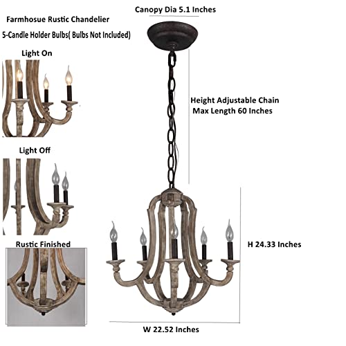 DOCHEER Farmhouse Vintage 5-Light Wood Chandeliers, Rustic Kitchen Wooden Chandelier Foyer Lighting for Dining Room, Living Room, Island, Bedrooms, Hallway,Entryway