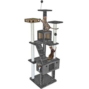 furhaven tiger tough cat tree double decker playground w/ toys & condo – silver gray, one size