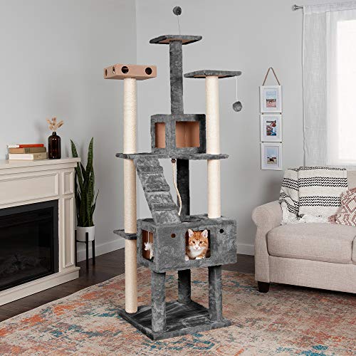 Furhaven Tiger Tough Cat Tree Double Decker Playground w/ Toys & Condo - Silver Gray, One Size