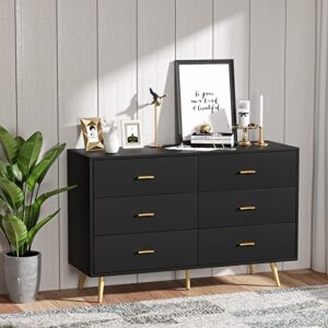 lynsom black dresser, modern 6 drawer dresser for bedroom with wide drawers and metal handles, wood storage chest of drawers for living room hallway entryway