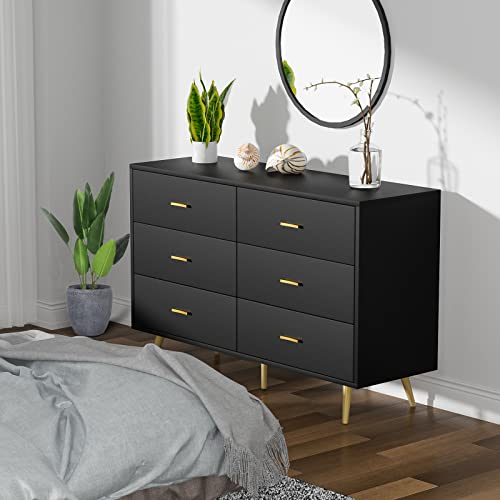 LYNSOM Black Dresser, Modern 6 Drawer Dresser for Bedroom with Wide Drawers and Metal Handles, Wood Storage Chest of Drawers for Living Room Hallway Entryway