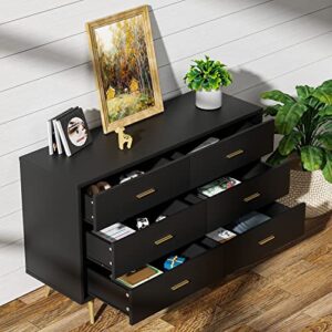 LYNSOM Black Dresser, Modern 6 Drawer Dresser for Bedroom with Wide Drawers and Metal Handles, Wood Storage Chest of Drawers for Living Room Hallway Entryway