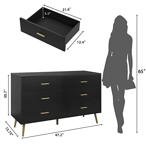 LYNSOM Black Dresser, Modern 6 Drawer Dresser for Bedroom with Wide Drawers and Metal Handles, Wood Storage Chest of Drawers for Living Room Hallway Entryway