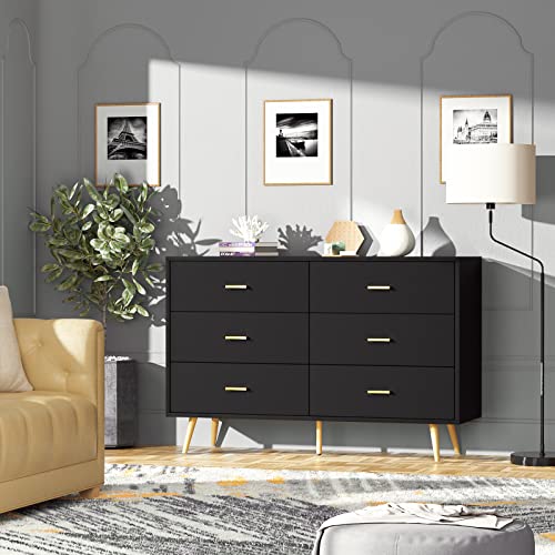 LYNSOM Black Dresser, Modern 6 Drawer Dresser for Bedroom with Wide Drawers and Metal Handles, Wood Storage Chest of Drawers for Living Room Hallway Entryway