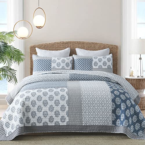 Y-PLWOMEN Quilt King Size 100% Cotton King Size Quilt, Blue Farmhouse King Bedspreads, Lightweight Soft King Quilt Sets for All Season, 3 Piece