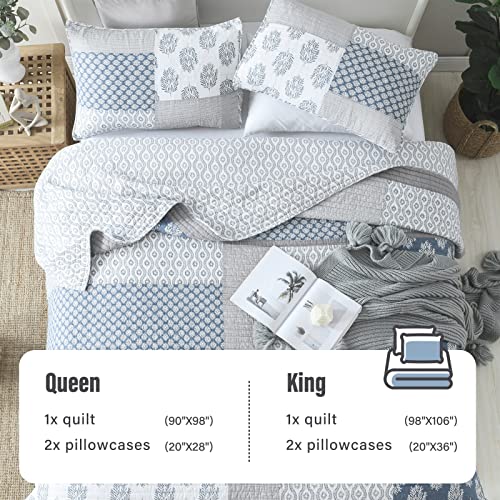 Y-PLWOMEN Quilt King Size 100% Cotton King Size Quilt, Blue Farmhouse King Bedspreads, Lightweight Soft King Quilt Sets for All Season, 3 Piece