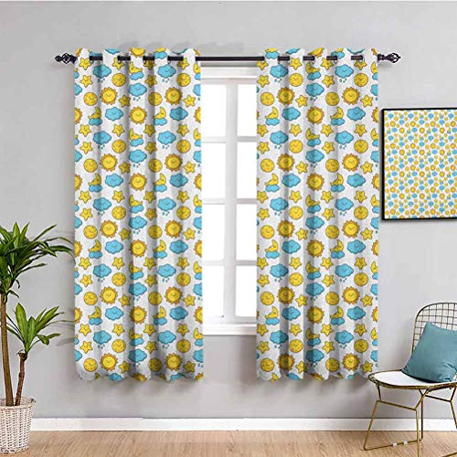 Baby Black Out Window Curtain 2 Panel, Curtains 84 inch Length Sleepy Morning and Night for Kids Boys Girls Moon Rainy Clouds Stars Sun Protective Furniture Earth Yellow Sky Blue W72 x L84 Inch