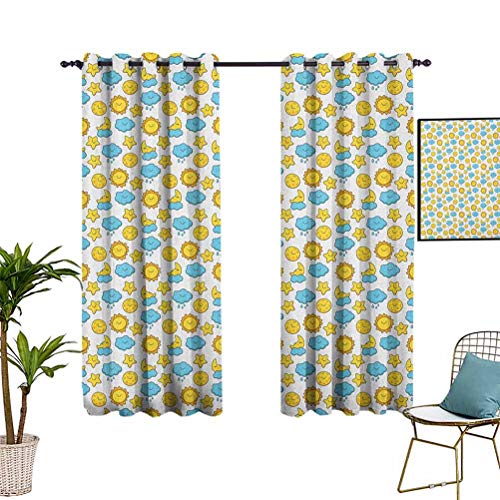 Baby Black Out Window Curtain 2 Panel, Curtains 84 inch Length Sleepy Morning and Night for Kids Boys Girls Moon Rainy Clouds Stars Sun Protective Furniture Earth Yellow Sky Blue W72 x L84 Inch