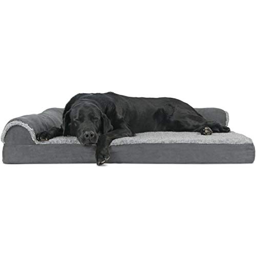 Furhaven Pet Dog Bed - Deluxe Orthopedic Two-Tone Plush Faux Fur and Suede L Shaped Chaise Lounge Sofa-Style Living Room Corner Couch Pet Bed with Removable Cover for Dogs and Cats, Stone Gray, Jumbo