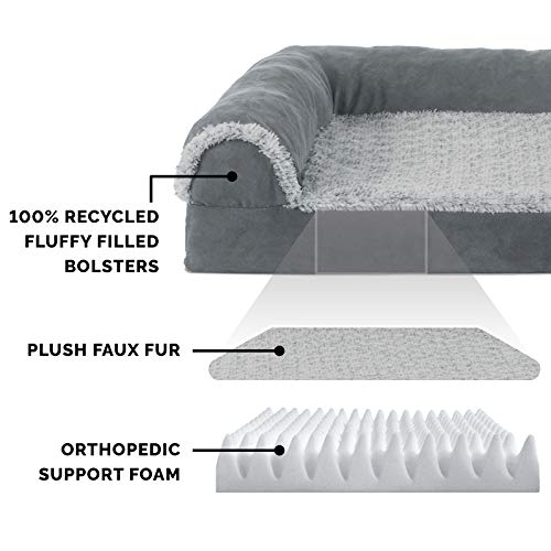 Furhaven Pet Dog Bed - Deluxe Orthopedic Two-Tone Plush Faux Fur and Suede L Shaped Chaise Lounge Sofa-Style Living Room Corner Couch Pet Bed with Removable Cover for Dogs and Cats, Stone Gray, Jumbo