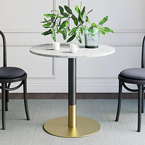 Nathan James Bistro Lucy Small Mid-Century Modern Kitchen or Dining Table with Faux Carrara Marble Top and Brushed Metal Pedestal Base, Black/Gold 31D x 31.5W x 29H in