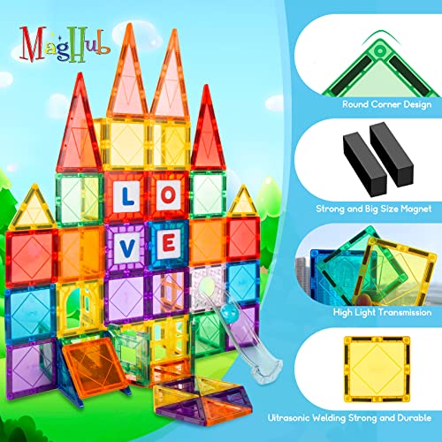 MagHub Magnetic Tiles 85 PCS Magnetic Blocks for Kids, 3D Magnetic Building Blocks, Magnetic Stacking Toys Construction Kit,STEM Toys Gift for Toddlers Children Boys Girls Ages 3 4 5 6 7 8+ Year Old