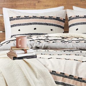 Hyde Lane Boho King Comforter Set ，Modern Farmhouse Tufted Bedding Sets, Cotton Top with Neutral Rustic Style Clipped Jacquard Stripes, 3-Pieces Including Matching Pillow Shams (104x90 Inches)