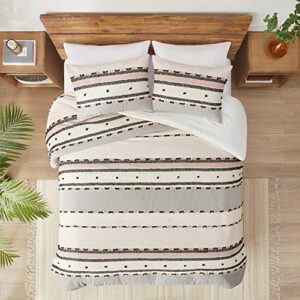 Hyde Lane Boho King Comforter Set ，Modern Farmhouse Tufted Bedding Sets, Cotton Top with Neutral Rustic Style Clipped Jacquard Stripes, 3-Pieces Including Matching Pillow Shams (104x90 Inches)