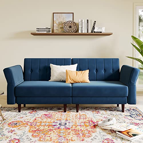 Belffin Velvet Convertible Futon Sofa Bed Memory Foam Futon Couch Sleeper Sofa Blue