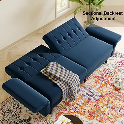 Belffin Velvet Convertible Futon Sofa Bed Memory Foam Futon Couch Sleeper Sofa Blue