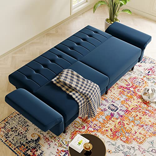 Belffin Velvet Convertible Futon Sofa Bed Memory Foam Futon Couch Sleeper Sofa Blue