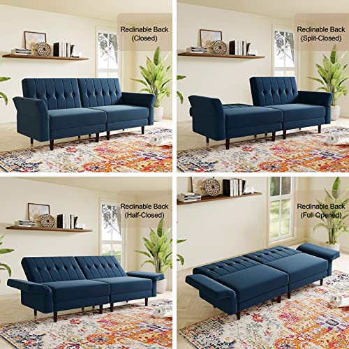 Belffin Velvet Convertible Futon Sofa Bed Memory Foam Futon Couch Sleeper Sofa Blue