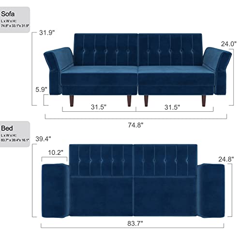 Belffin Velvet Convertible Futon Sofa Bed Memory Foam Futon Couch Sleeper Sofa Blue