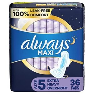 always maxi feminine pads for women, size 5 extra heavy overnight absorbency, with wings, unscented, 36 count