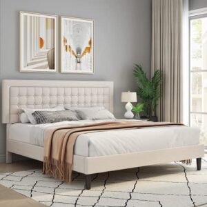 HIFIT King Bed Frame, Button Tufted Upholstered Platform with Adjustable Headboard, Mattress Foundation with Sturdy Frame, No Box Spring Needed, Easy Assembly, Beige