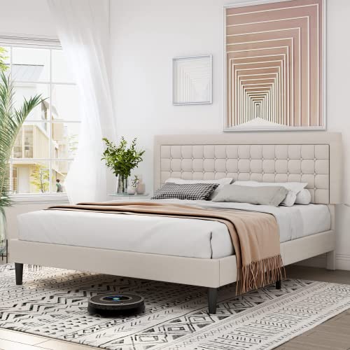 HIFIT King Bed Frame, Button Tufted Upholstered Platform with Adjustable Headboard, Mattress Foundation with Sturdy Frame, No Box Spring Needed, Easy Assembly, Beige