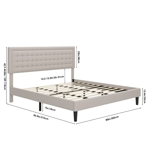 HIFIT King Bed Frame, Button Tufted Upholstered Platform with Adjustable Headboard, Mattress Foundation with Sturdy Frame, No Box Spring Needed, Easy Assembly, Beige