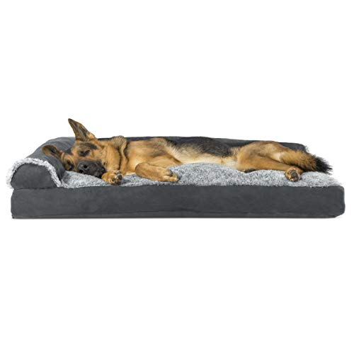 Furhaven XL Pillow Dog Bed Two-Tone Faux Fur & Suede L Shaped Chaise w/ Removable Washable Cover - Stone Gray, Jumbo (X-Large)