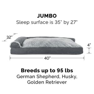 Furhaven XL Pillow Dog Bed Two-Tone Faux Fur & Suede L Shaped Chaise w/ Removable Washable Cover - Stone Gray, Jumbo (X-Large)