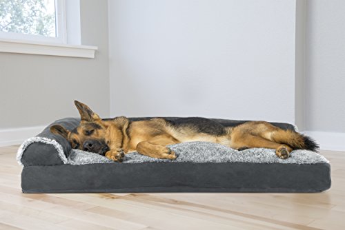 Furhaven XL Pillow Dog Bed Two-Tone Faux Fur & Suede L Shaped Chaise w/ Removable Washable Cover - Stone Gray, Jumbo (X-Large)